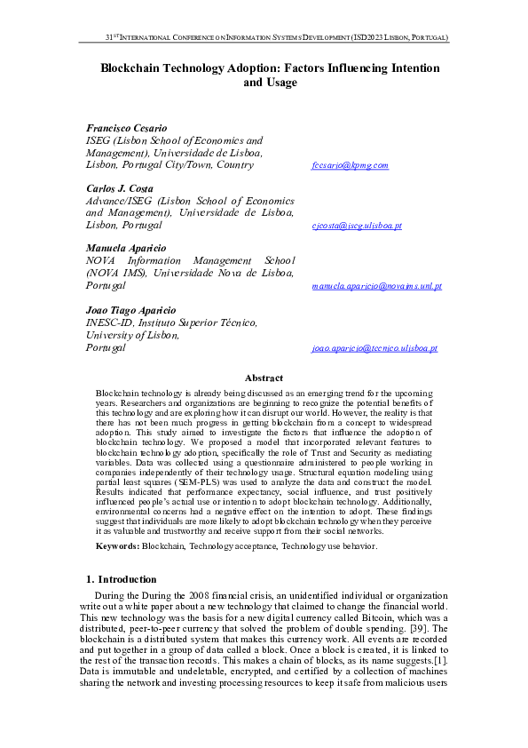 (PDF) Blockchain Technology Adoption: Factors Influencing Intention and Usage