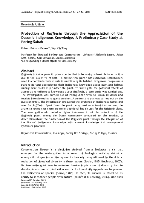 (PDF) Protection of Rafflesia through the Appreciation of the Dusunâ€™s ...