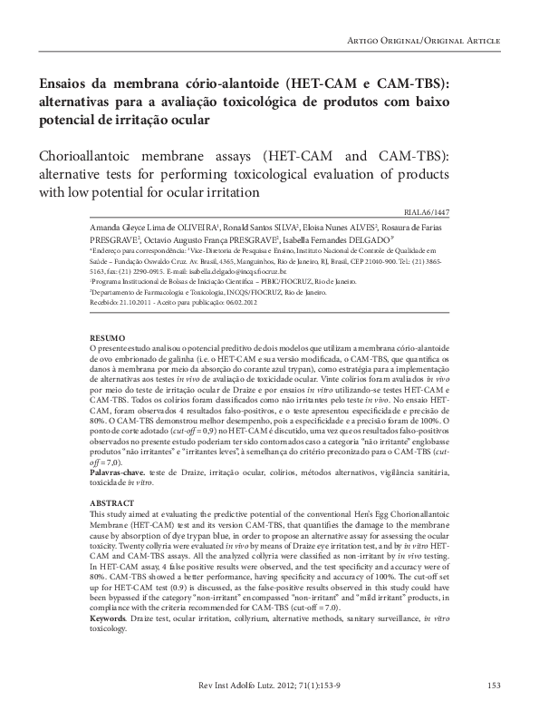 (PDF) Ensaios da membrana cório-alantoide (HET-CAM e CAM-TBS ...