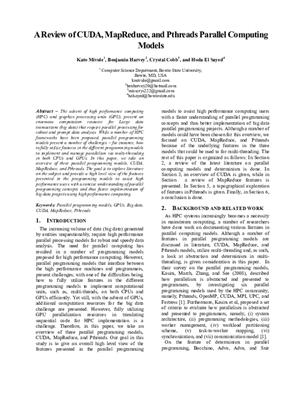 (PDF) A Review of CUDA, MapReduce, and Pthreads Parallel Computing Models | Kato Mivule ...