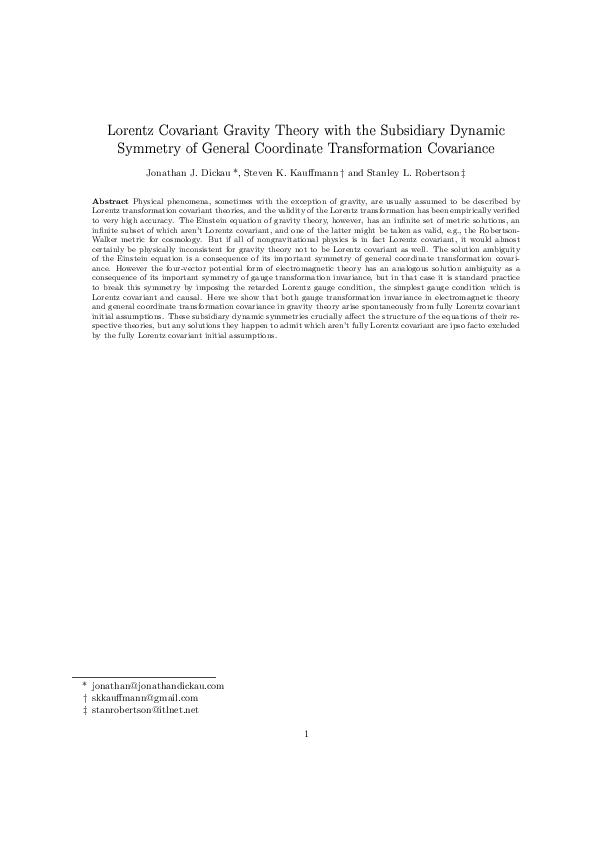 Pdf Lorentz Covariant Gravity Theory With The Subsidiary Dynamic