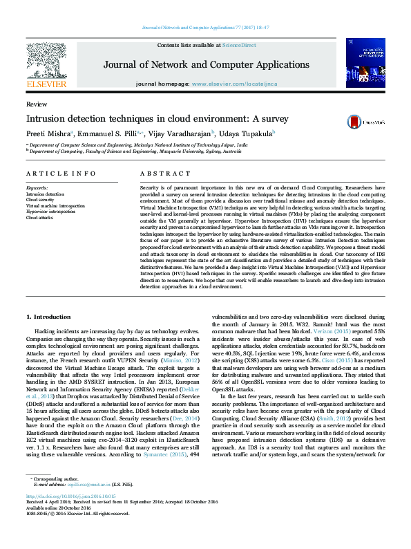 (PDF) Intrusion detection techniques in cloud environment: A survey