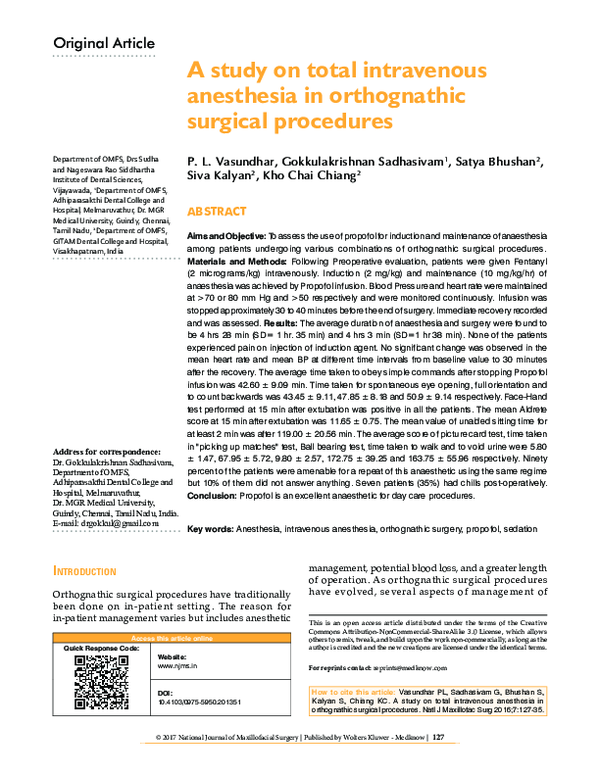 (PDF) A study on total intravenous anesthesia in orthognathic surgical ...