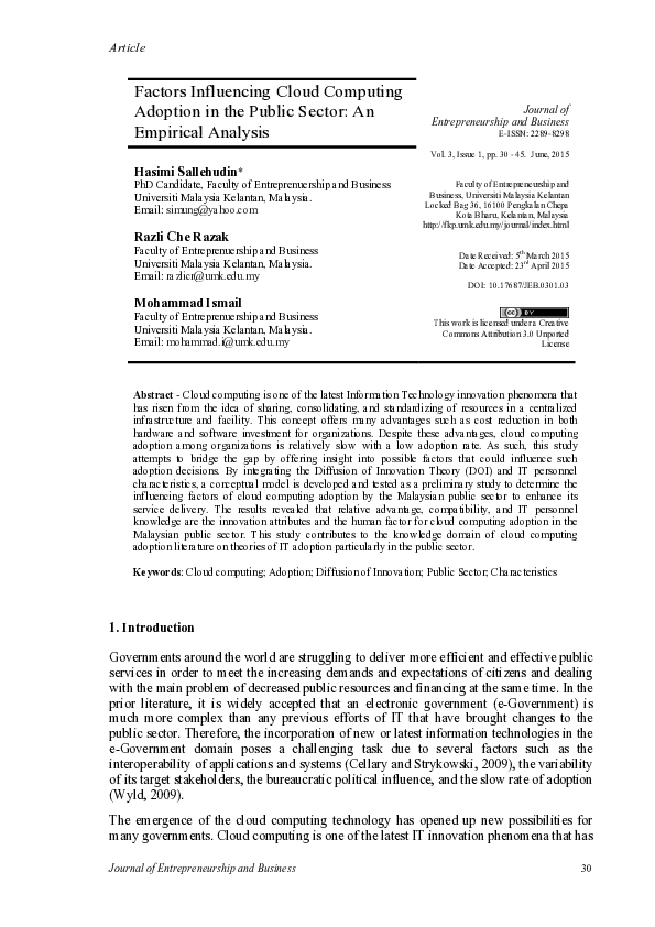 (PDF) Factors Influencing Cloud Computing Adoption in the Public Sector: An Empirical Analysis