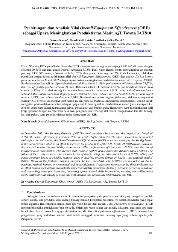 (PDF) Perhitungan dan Analisis Nilai Overall Equipment Effectiveness (OEE) sebagai Upaya ...