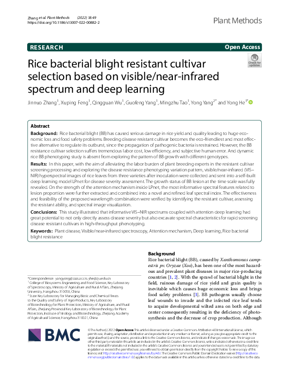 (PDF) Rice bacterial blight resistant cultivar selection based on visible/near-infrared spectrum ...