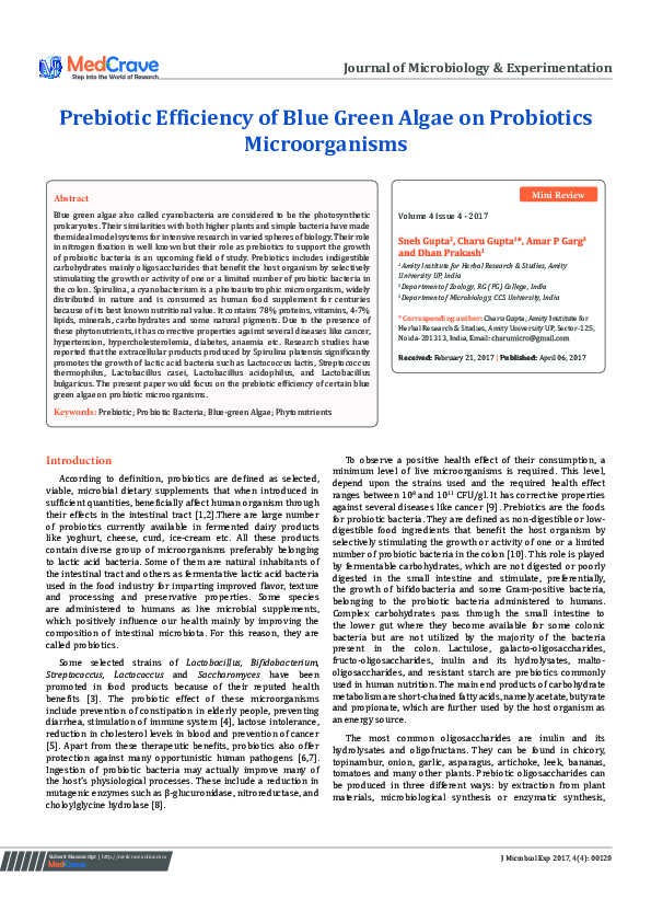(PDF) Prebiotic Efficiency of Blue Green Algae on Probiotics Microorganisms