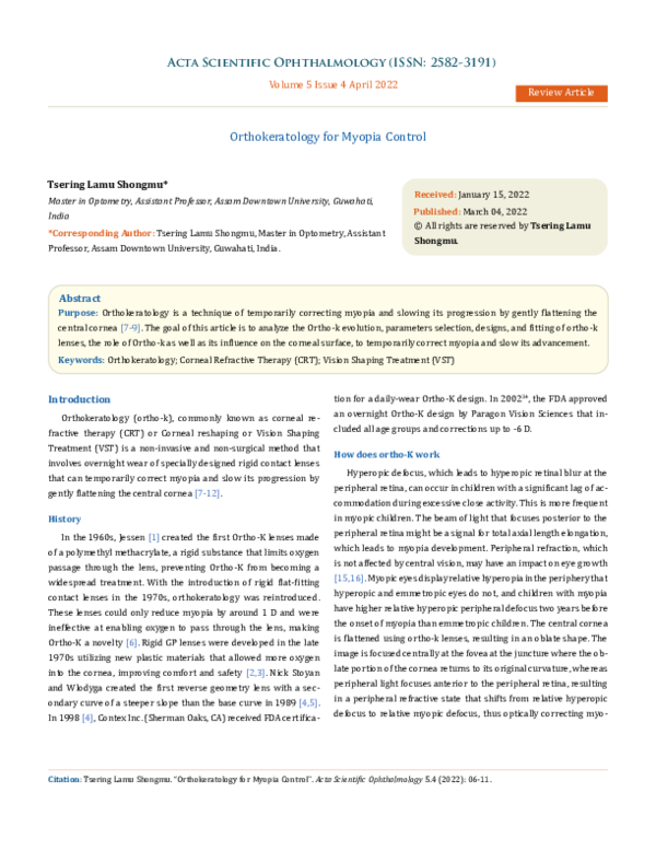 (PDF) Orthokeratology for Myopia Control