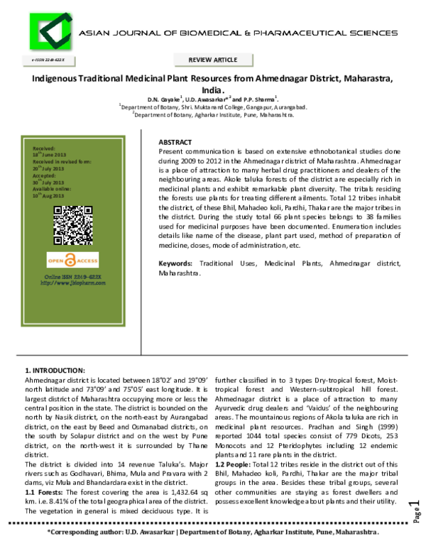 (PDF) Indigenous Traditional Medicinal Plant Resources from Ahmednagar District, Maharastra, India