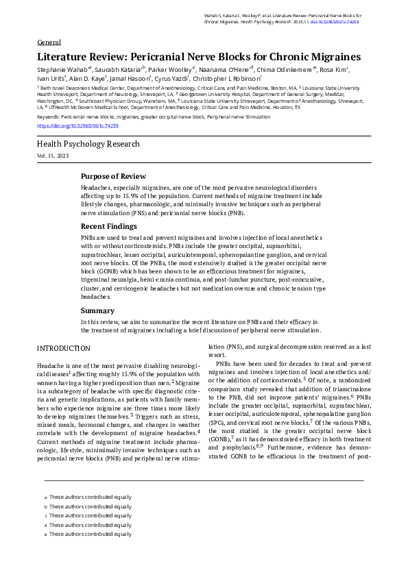 (PDF) Literature Review: Pericranial Nerve Blocks for Chronic Migraines