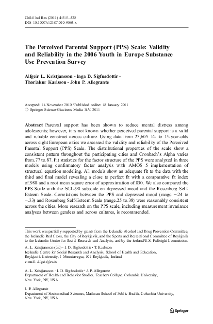 (PDF) The Perceived Parental Support (PPS) Scale: Validity and ...