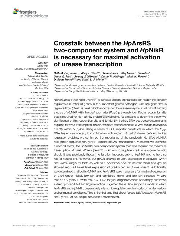 (PDF) Crosstalk between the HpArsRS two-component system and HpNikR is ...