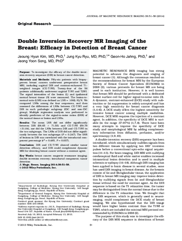 (PDF) Double inversion recovery MR imaging of the breast: Efficacy in ...