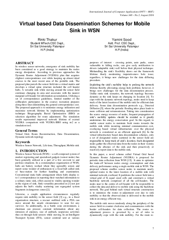 (PDF) Virtual based Data Dissemination Schemes for Mobile Sink in WSN