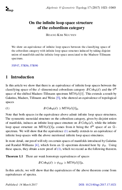 (PDF) On the infinite loop space structure of the cobordism category