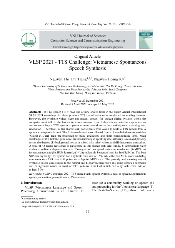 (PDF) VLSP 2021 - TTS Challenge: Vietnamese Spontaneous Speech Synthesis