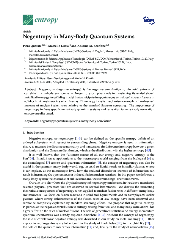 (PDF) Negentropy in Many-Body Quantum Systems