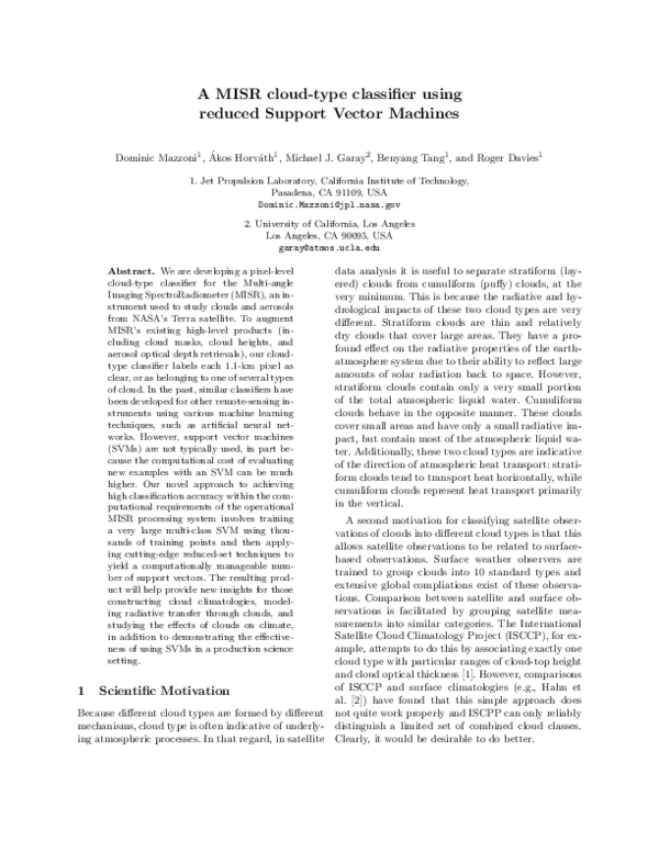 (PDF) A MISR cloud-type classifier using reduced Support Vector Machines