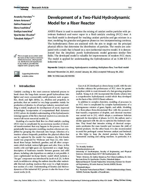 (PDF) Development of a Two‐Fluid Hydrodynamic Model for a Riser Reactor