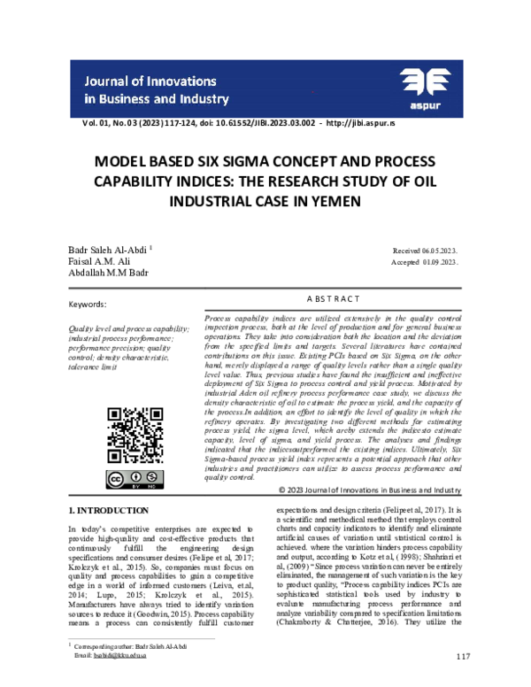 (PDF) Model Based Six Sigma Concept and Process Capability Indices: The Research Study of Oil ...