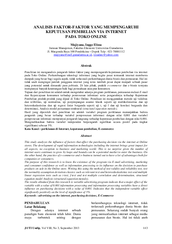 (PDF) Analisis Faktor-Faktor Yang Mempengaruhi Keputusan Pembelian via Internet Pada Toko Online