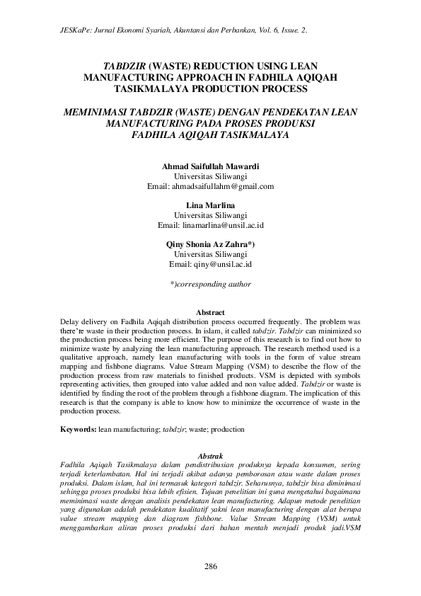 (PDF) Tabdzir (Waste) Reduction Using Lean Manufacturing Approach in Fadhila Aqiqah Tasikmalaya ...