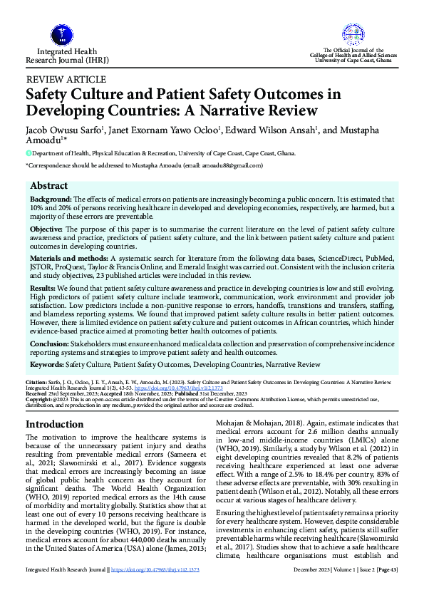 (PDF) Safety culture and patient safety outcomes in developing ...
