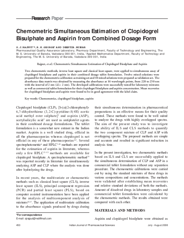 (PDF) Chemometric simultaneous estimation of clopidogrel bisulphate and ...