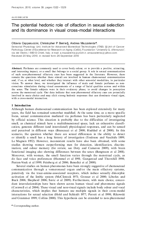 Pdf The Potential Hedonic Role Of Olfaction In Sexual Selection And Its Dominance In Visual