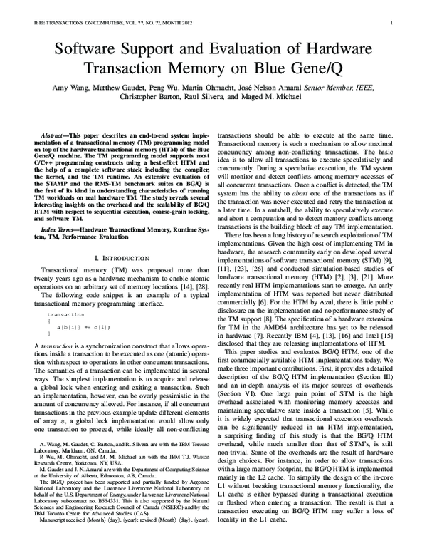 (PDF) Software Support and Evaluation of Hardware Transactional Memory on Blue Gene/Q