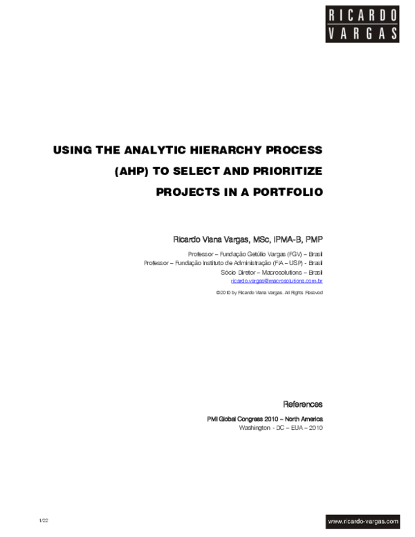 Pdf Using The Analytic Hierarchy Process Ahp To Select And Prioritize Projects In A Portfolio