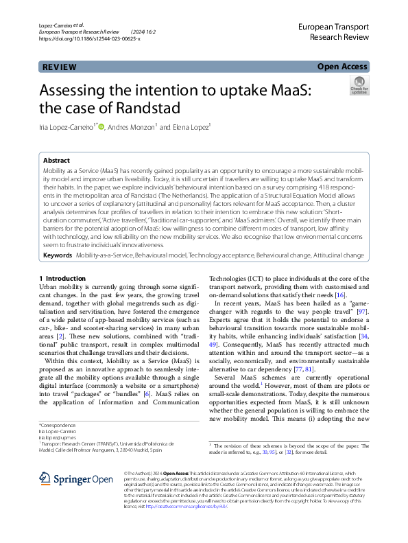 (PDF) Assessing the intention to uptake MaaS: the case of Randstad
