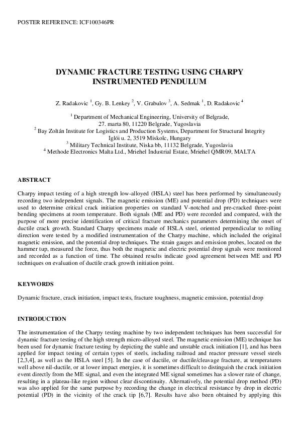 (PDF) Poster Reference: ICF100346PR Dynamic Fracture Testing Using ...