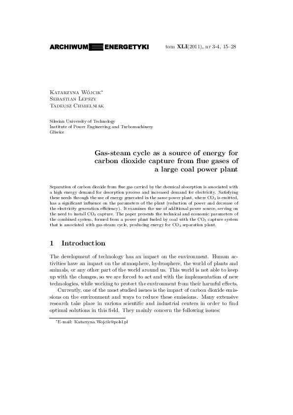 (PDF) Gas-steam cycle as a source of energy for carbon dioxide capture ...