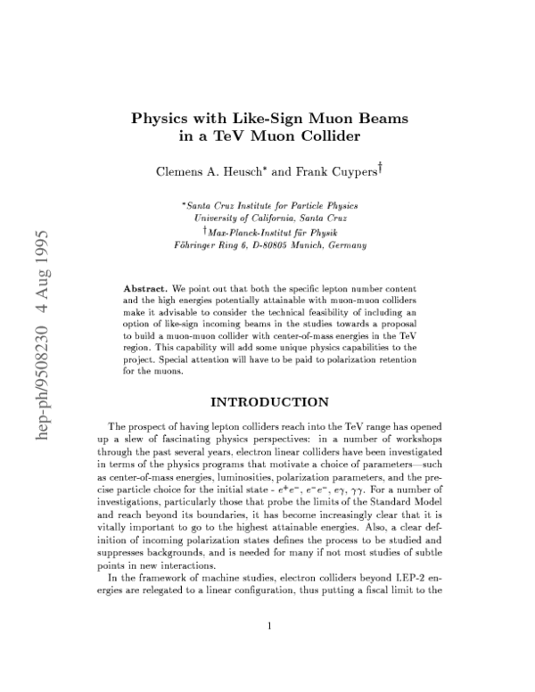 (PDF) Physics with like-sign muon beams in a TeV muon collider