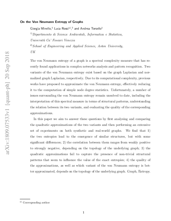(PDF) On the von Neumann entropy of graphs