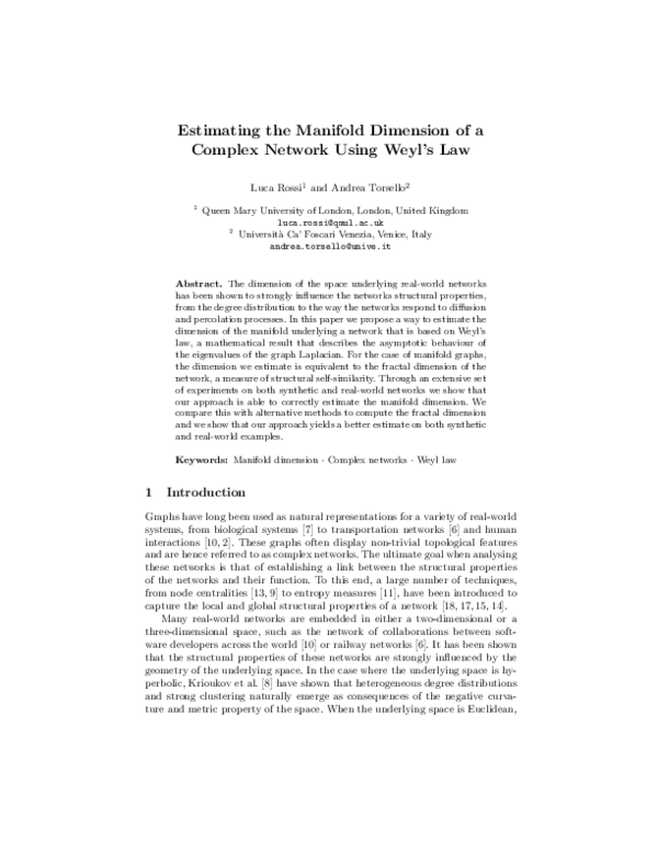 (PDF) Estimating the Manifold Dimension of a Complex Network Using Weyl ...