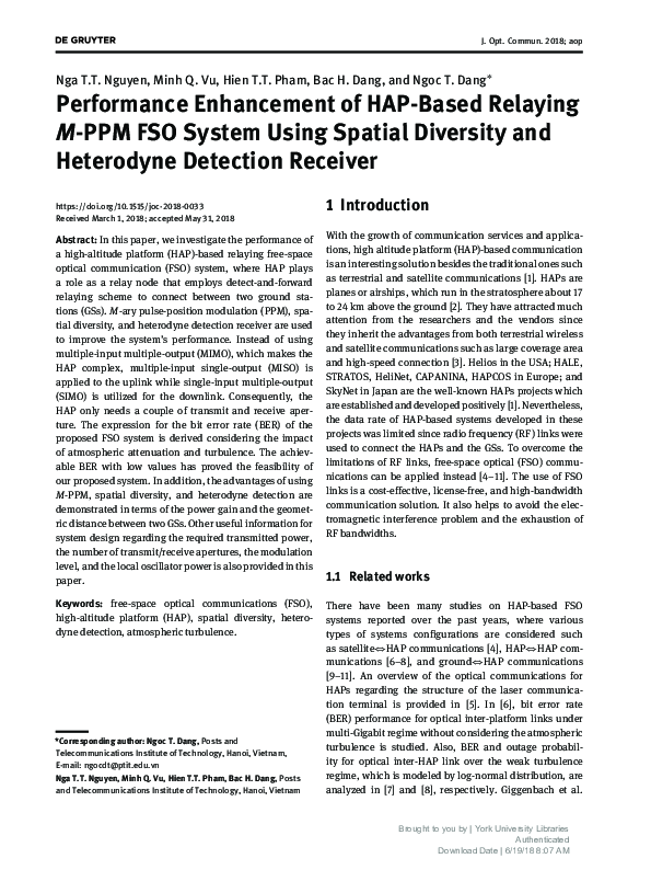 (PDF) Performance Enhancement of HAP-Based Relaying M-PPM FSO System Using Spatial Diversity and ...