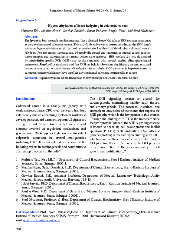 (PDF) Hypomethylation of Sonic hedgehog in colorectal cancer
