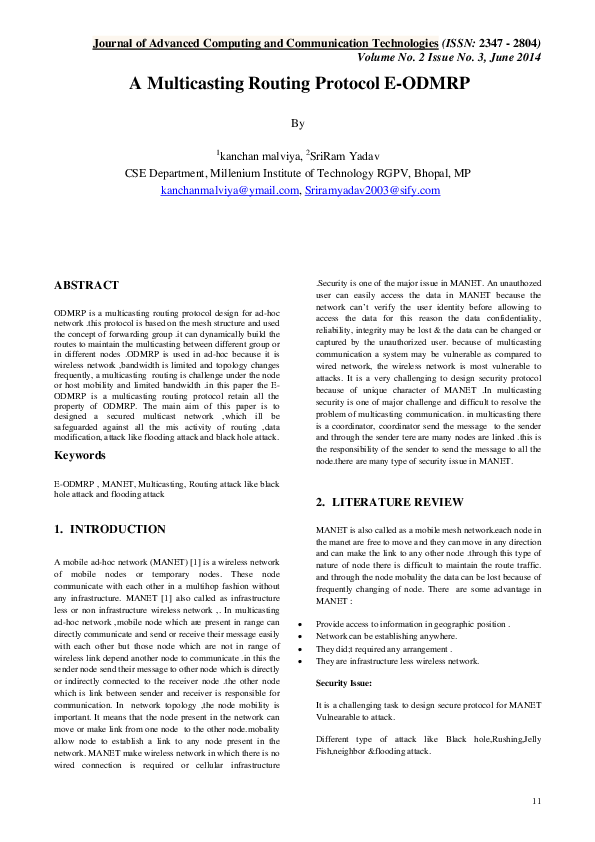(PDF) A Multicasting Routing Protocol E-ODMRP By