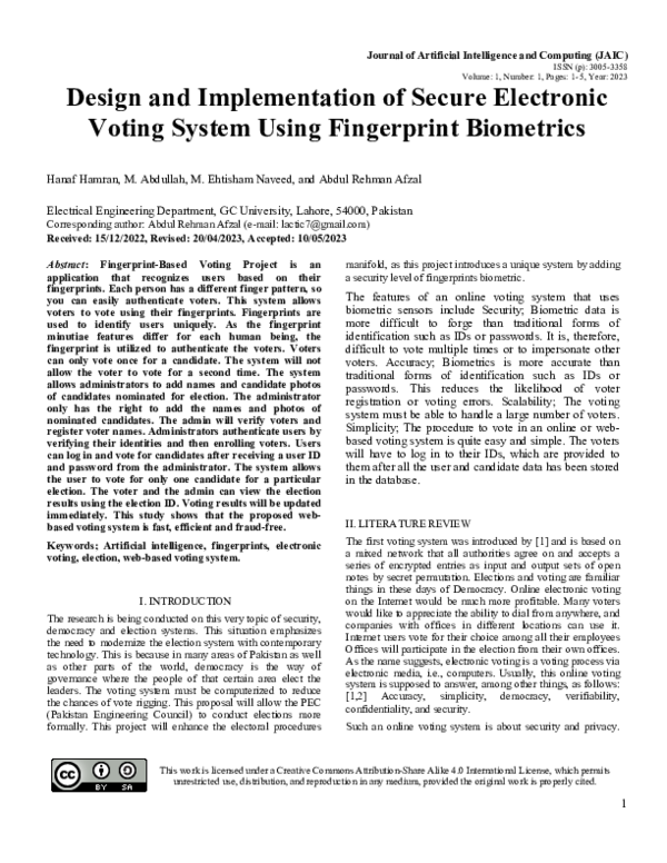 (PDF) Design and Implementation of Secure Electronic Voting System Using Fingerprint Biometrics