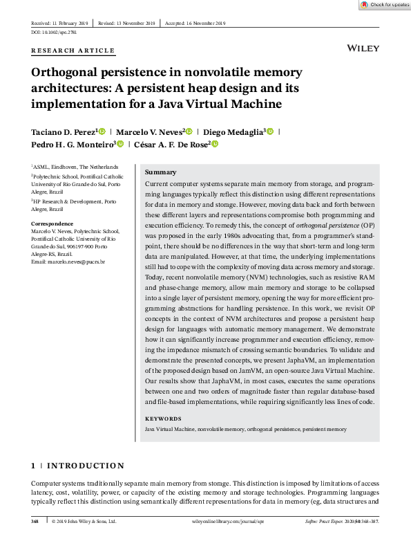 (PDF) Orthogonal persistence in nonvolatile memory architectures: A persistent heap design and ...