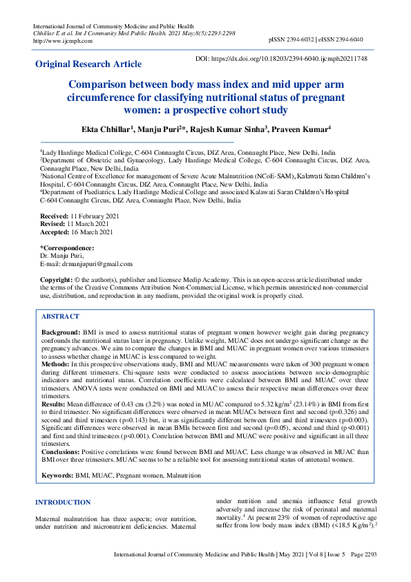 (PDF) Comparison between body mass index and mid upper arm ...