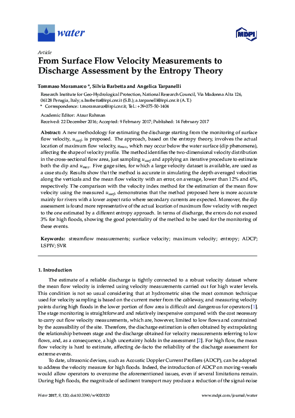 (PDF) From Surface Flow Velocity Measurements to Discharge Assessment by the Entropy Theory