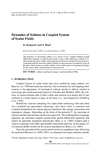 (PDF) Dynamics of Solitons in Coupled System of Scalar Fields