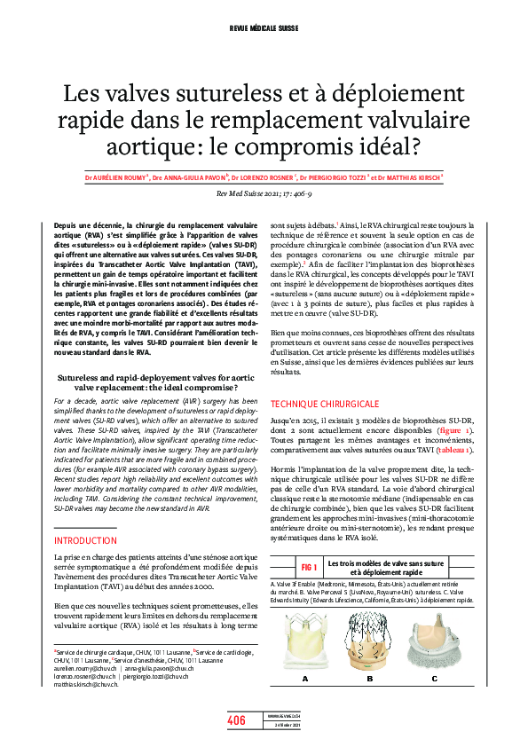 (PDF) Les valves sutureless et à déploiement rapide dans le ...