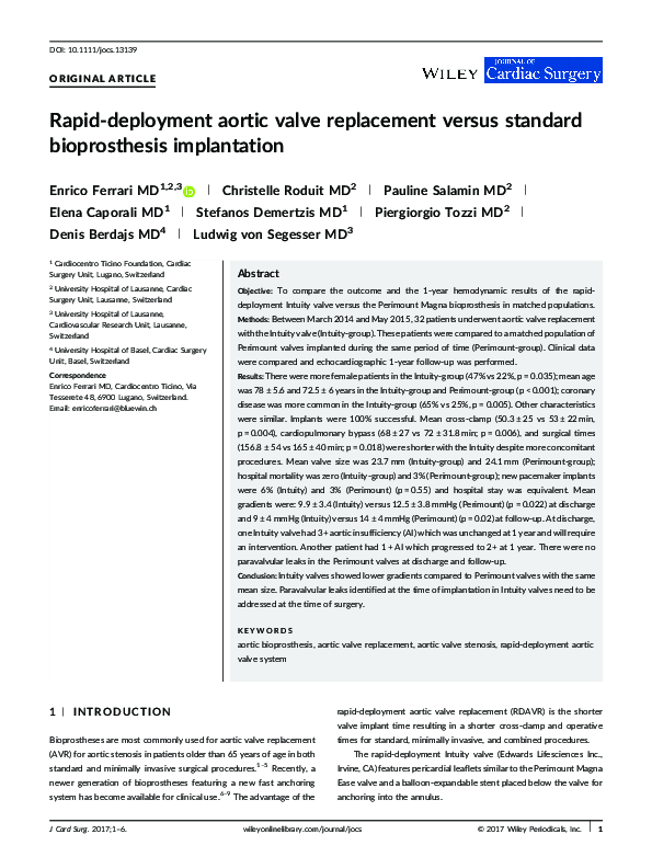(PDF) Rapid-deployment aortic valve replacement versus standard bioprosthesis implantation