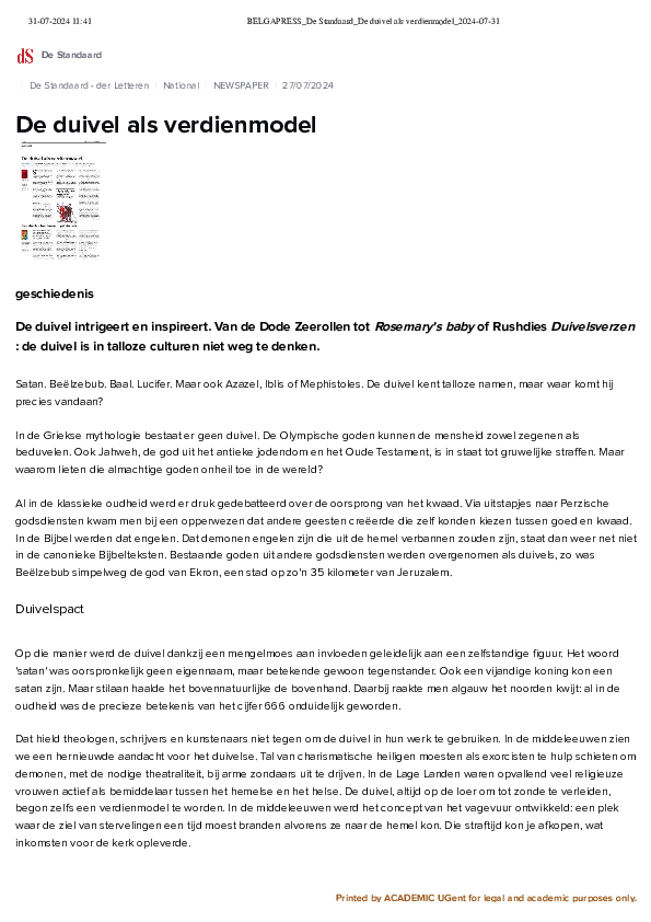 (PDF) Danny Praet (ed.), Satan. Een geschiedenis van de duivel