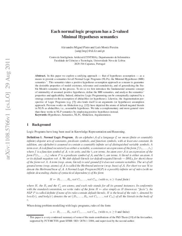 (PDF) Each normal logic program has a 2-valued Minimal Hypotheses semantics