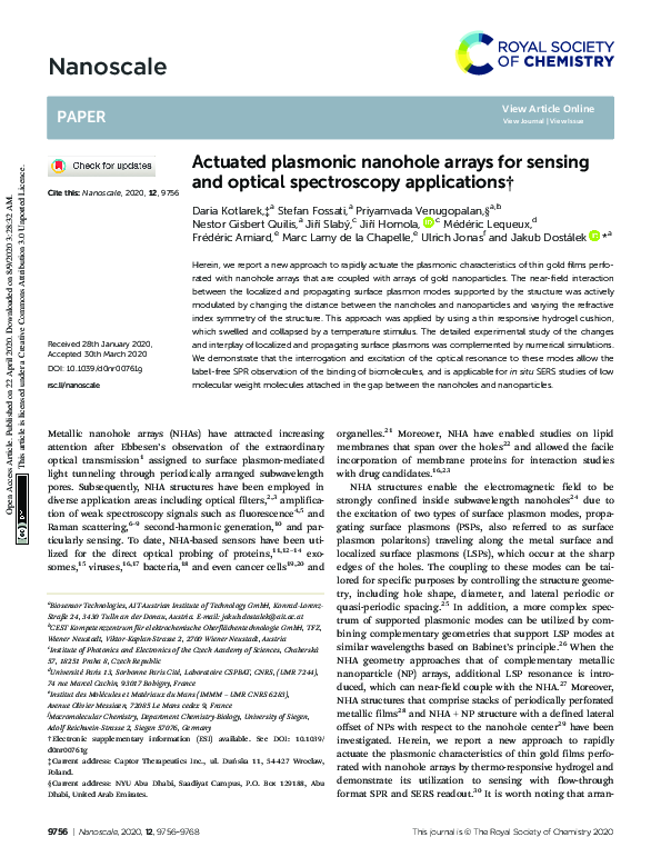 (PDF) Actuated plasmonic nanohole arrays for sensing and optical spectroscopy applications